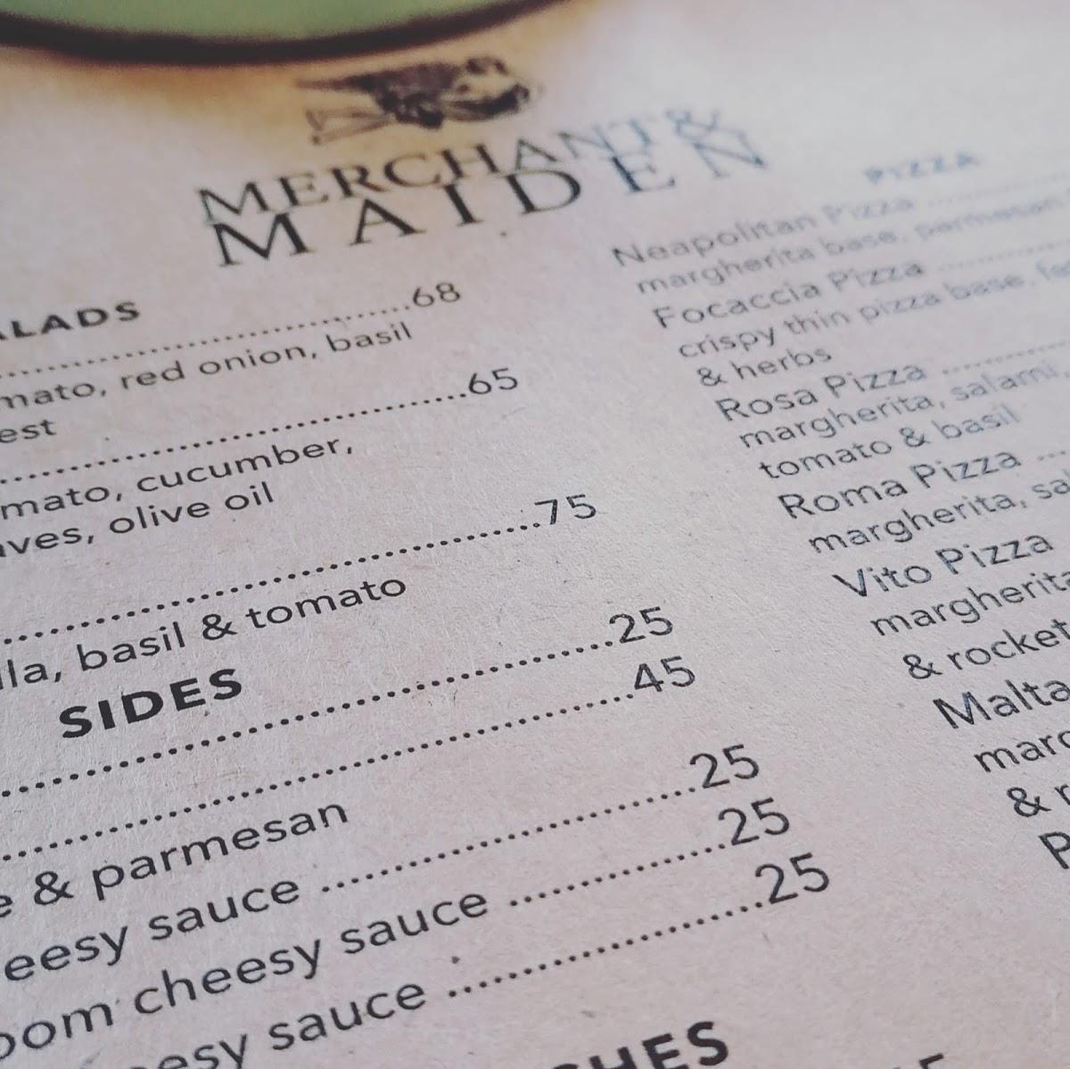 Menu at Merchant & Maiden café pizza bar, Wilderness