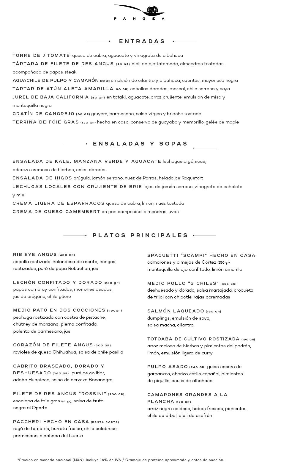 Carta del restaurante PANGEA, San Pedro Garza García, Av. del Roble 660