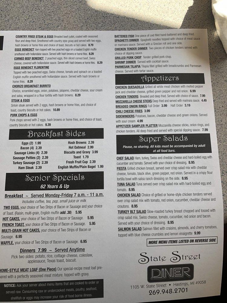 Menu at State Street Diner restaurant, Hastings