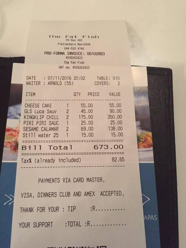 Menu at The Fat Fish restaurant, Plettenberg Bay