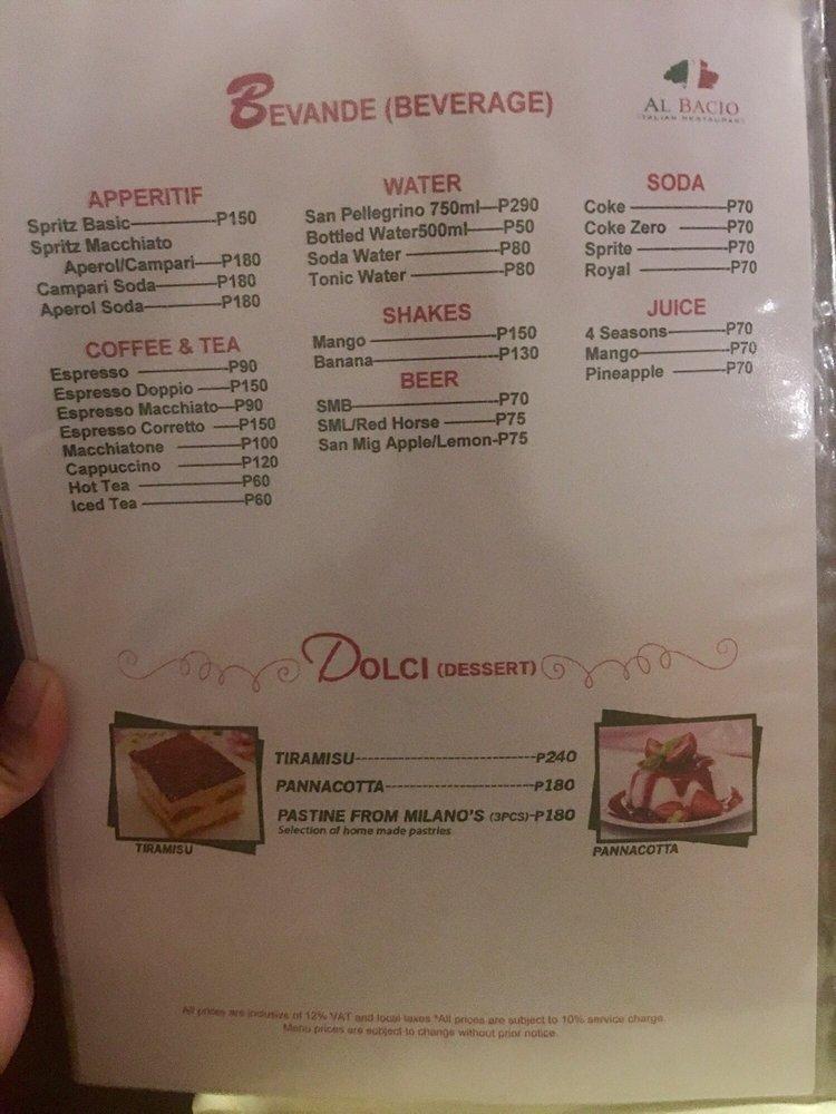 Menu at Al Bacio Italian Restaurant - Angeles City, Angeles