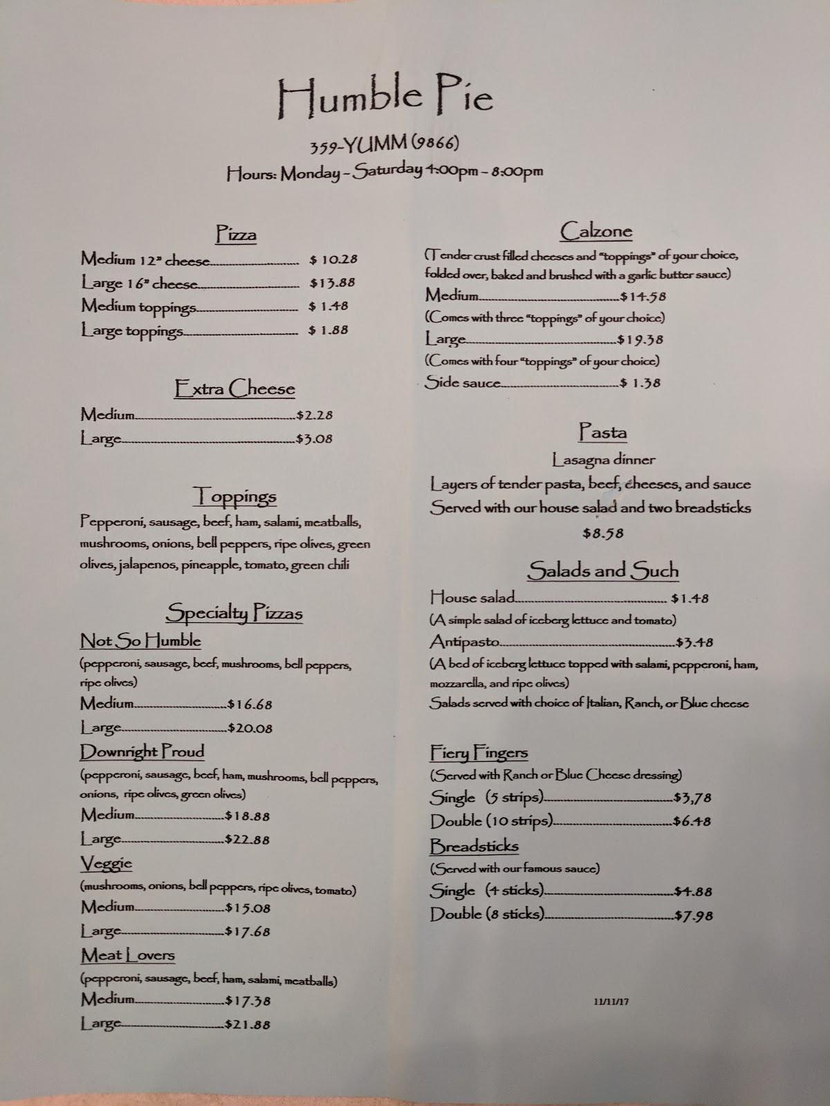 Menu at Humble Pie pizzeria, Duncan