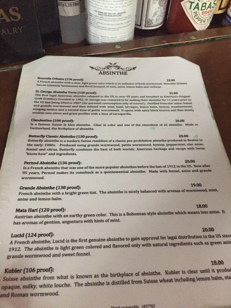 Carta del pub y bar Old Absinthe House, Nueva Orleans, 240 Bourbon St