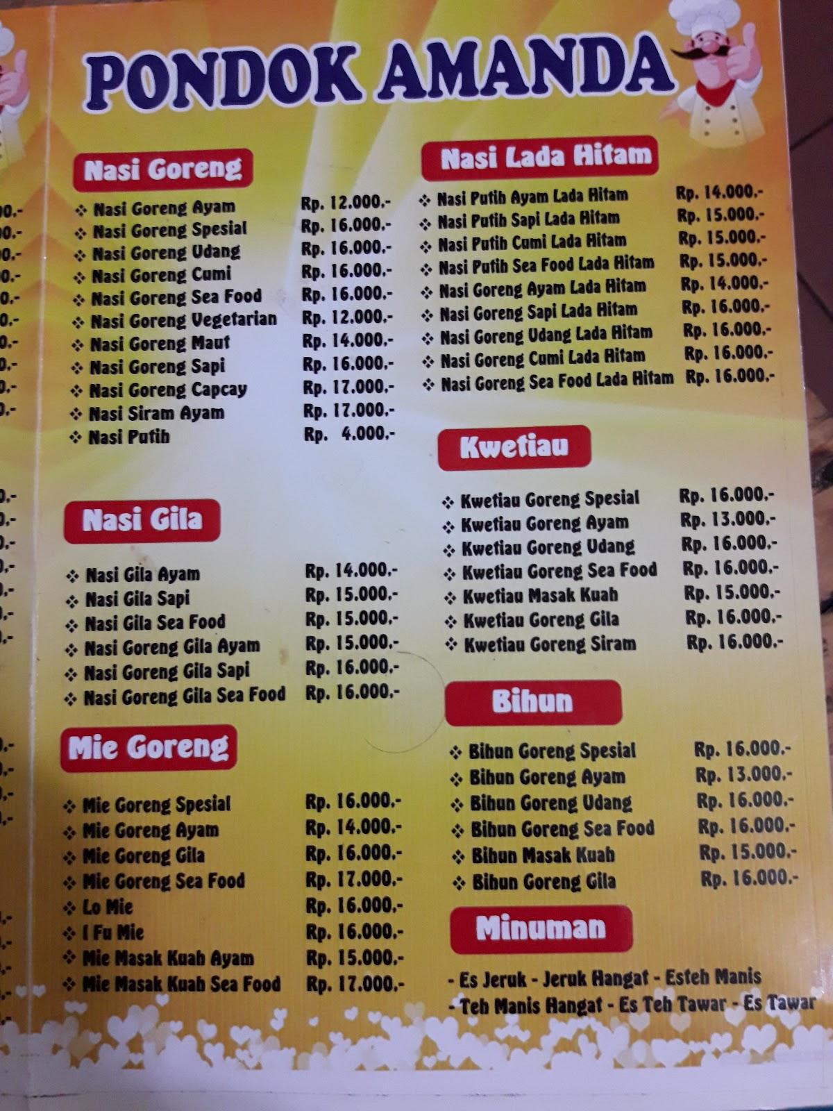 Menu at Pondok Amanda restaurant, East Jakarta