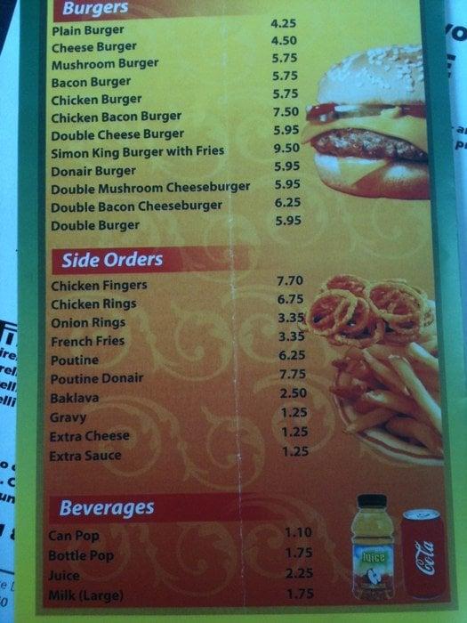 Menu at Simon King Donair & Submarine restaurant, Edmonton