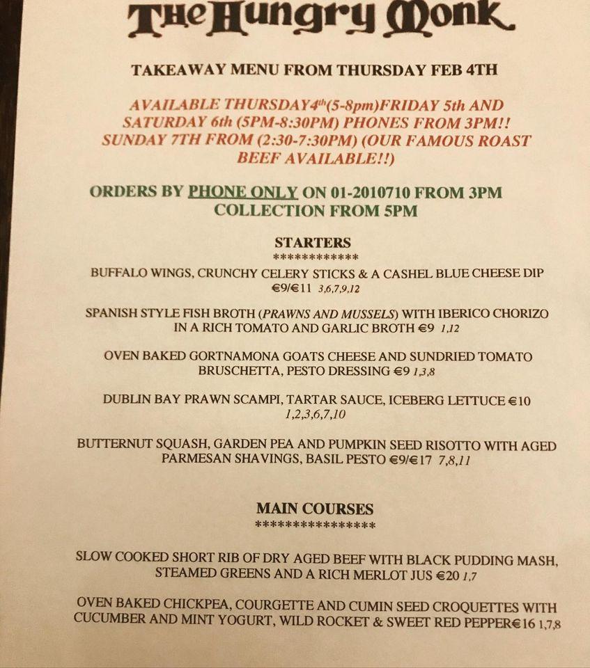 Menu at The Hungry Monk restaurant, Greystones