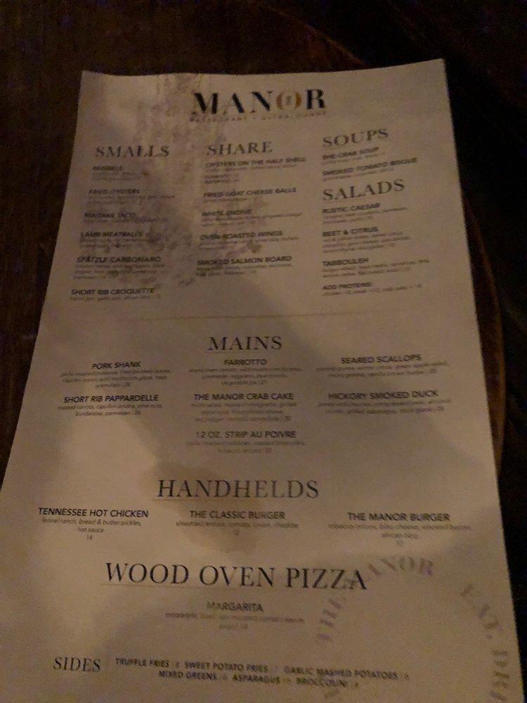 Menu at The Manor restaurant, Baltimore