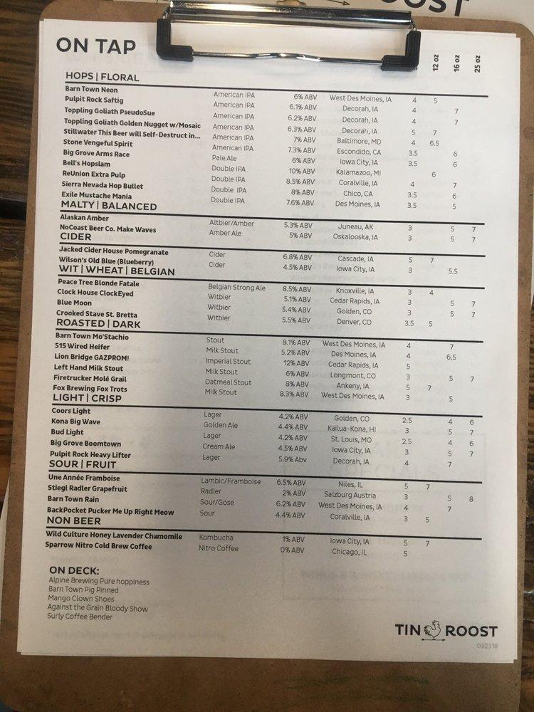 Menu at Tin Roost pub & bar, North Liberty