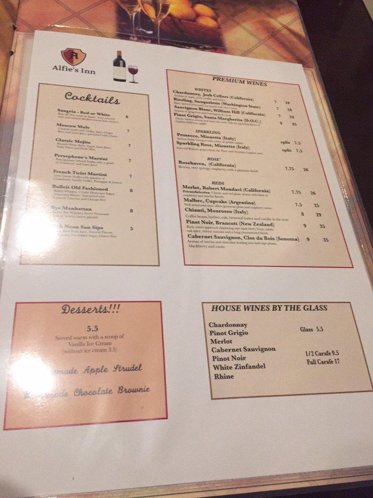 Menu at Alfie's Inn restaurant, Glen Ellyn