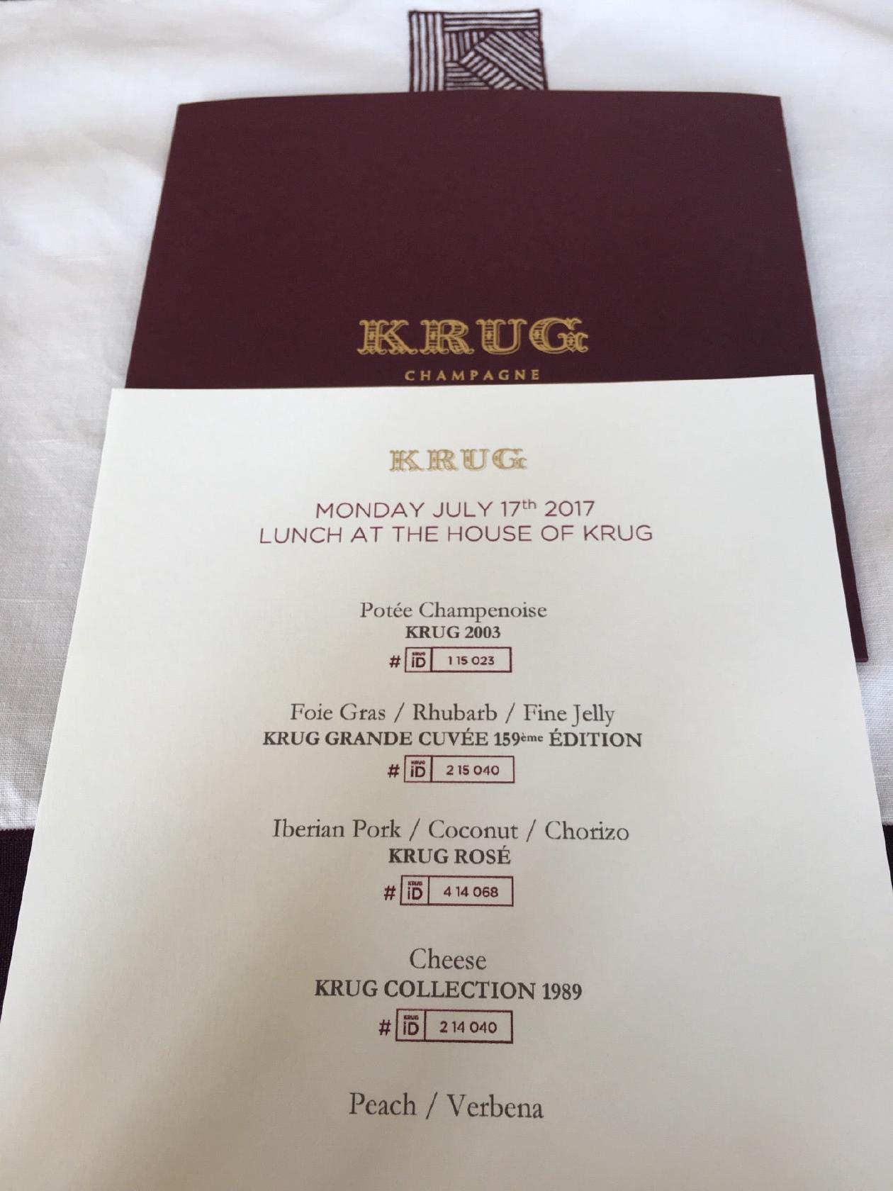 Menu at Champagne Krug, Reims