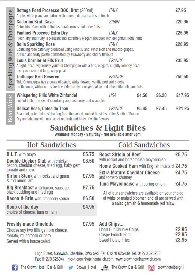 Menu at Crown Hotel, Bar & Grill, Nantwich