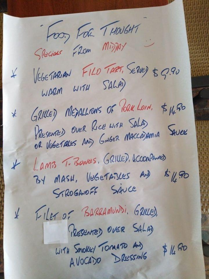 Menu at Food for Thought Cafe, Yeppoon