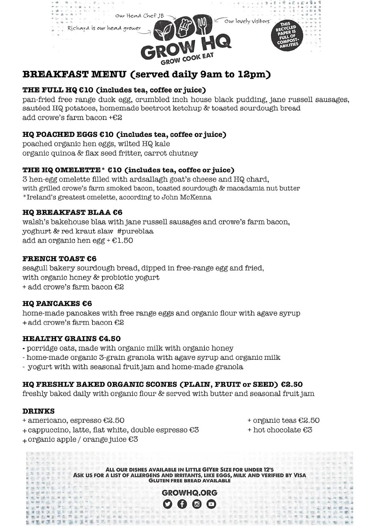 Menu at GROW HQ cafe, Waterford