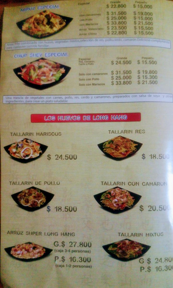 Carta de Restaurante Long Hang, Valledupar
