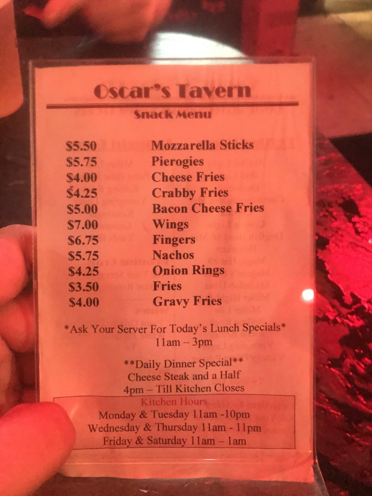 Menu at Oscar's Tavern pub & bar, Philadelphia