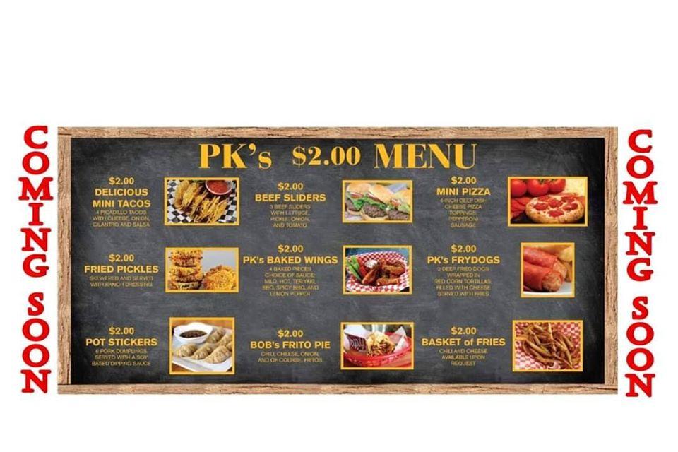 Menu at PK’s Bar Park North, San Antonio