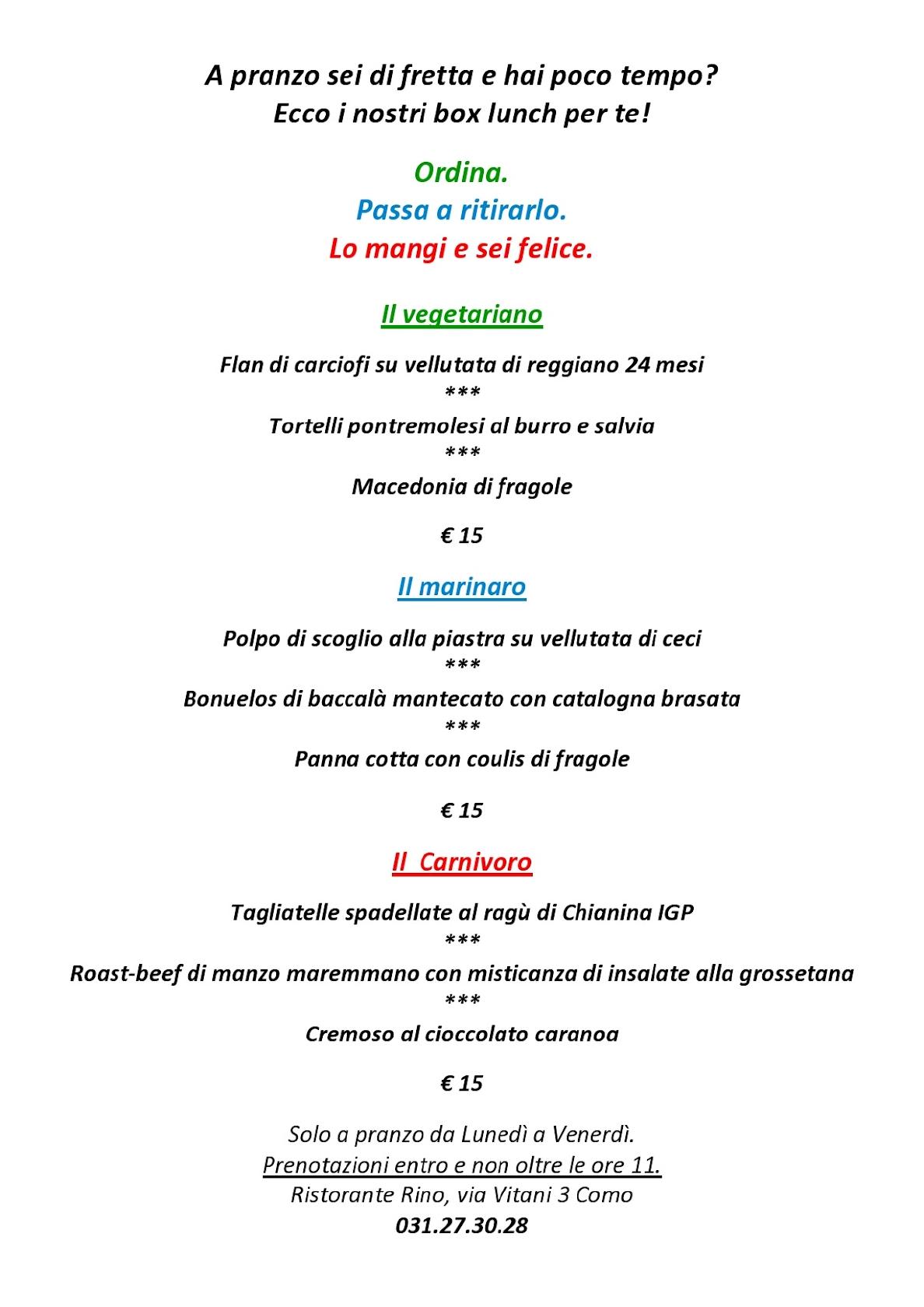 Menu at Rino restaurant, Como