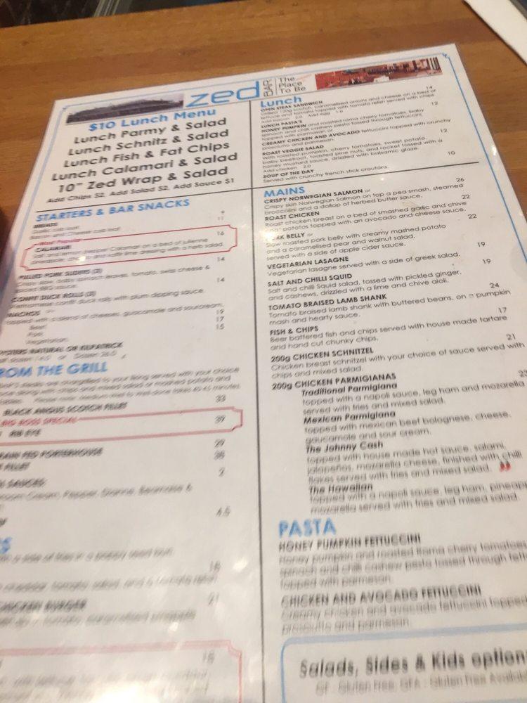 Menu at Zed Bar, Albury
