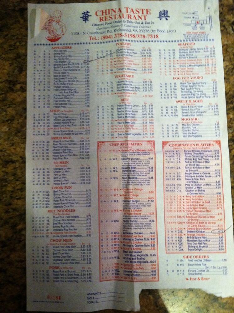 Menu at China Taste restaurant, Richmond, Courthouse Rd