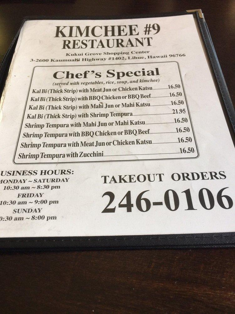 Menu at Kim Chee #9 restaurant, Lihue