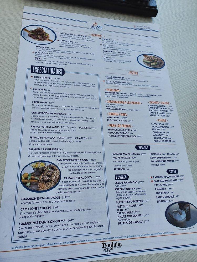 Carta del restaurante Lion Fish - La Terraza, Tijuana, P.º del Río 6672-C