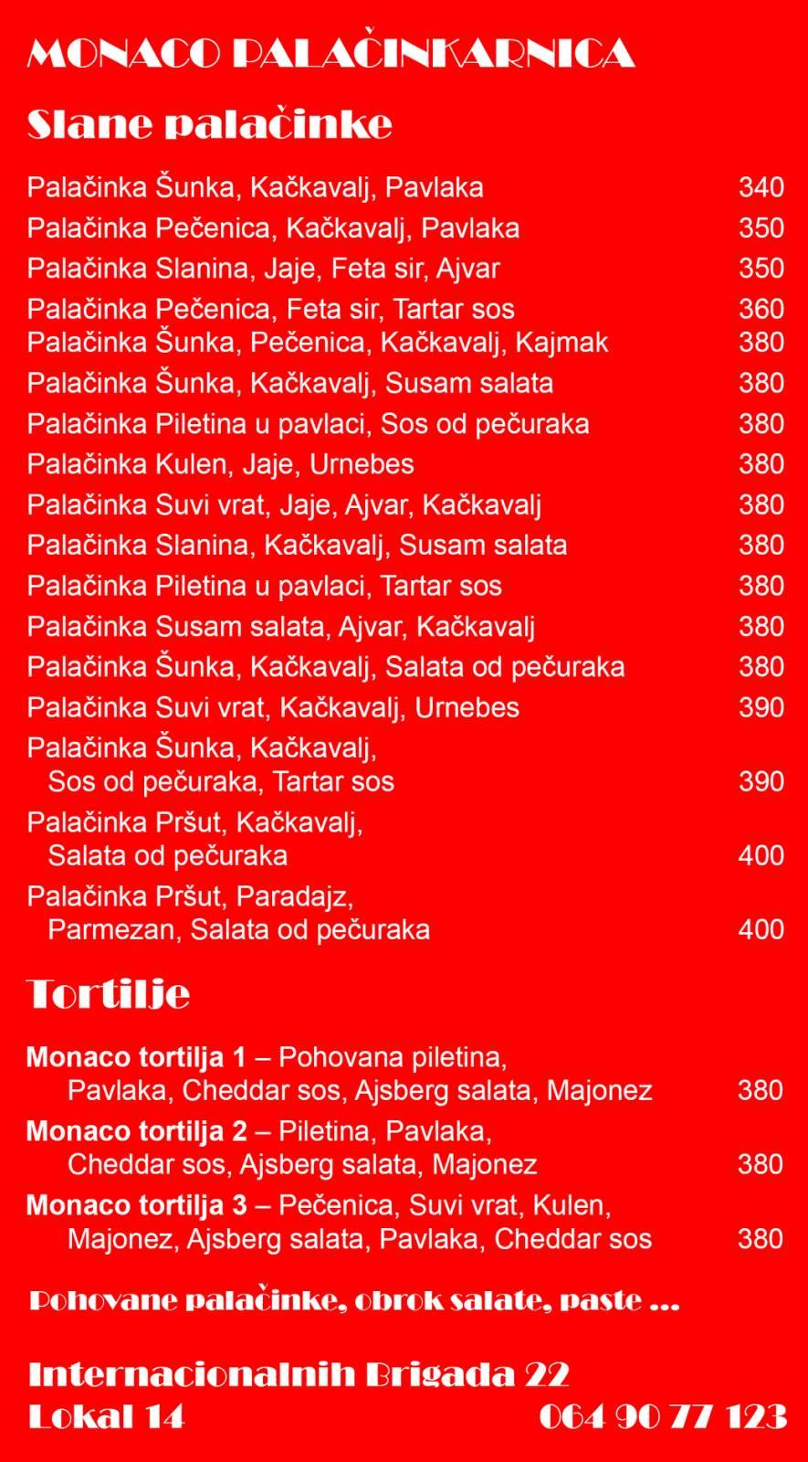 Menu at Monaco Palacinkarnica restaurant, Belgrade