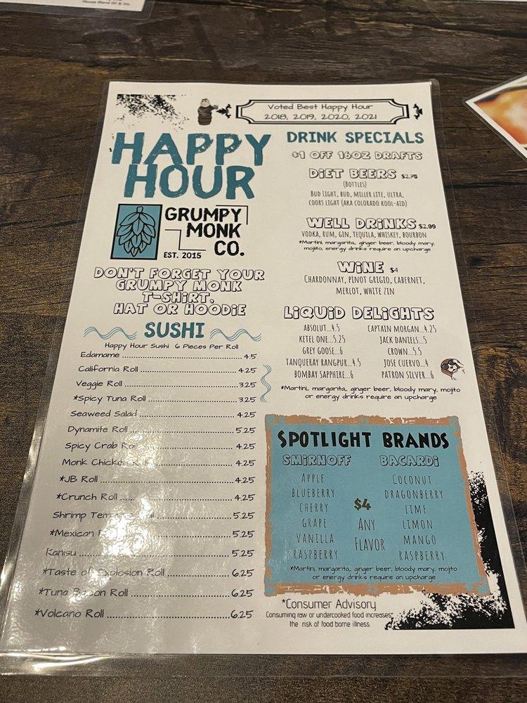 Menu at The Grumpy Monk North Myrtle Beach restaurant, North Myrtle Beach