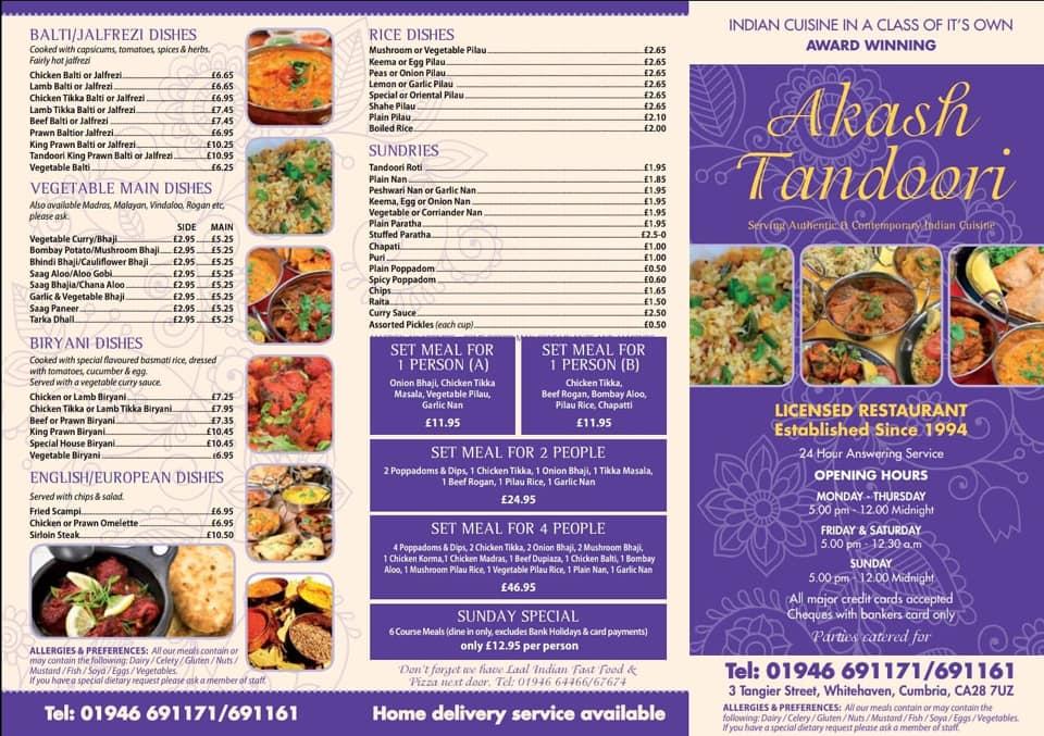 Menu at Akash Tandoori Restaurant, Whitehaven