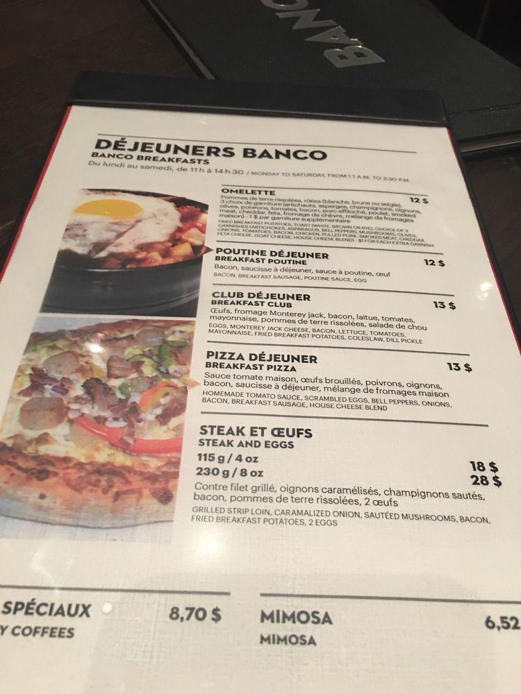 Menu au Banco Bistro restaurant, Gatineau