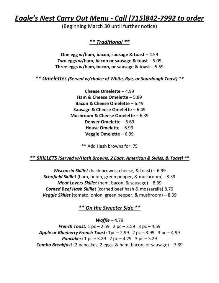 Menu at Eagle's Nest Family Restaurant, Schofield, 280 Grand Ave