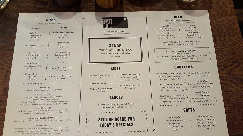 Menu at Flat Iron Covent Garden steakhouse, London, 17-18 Henrietta St