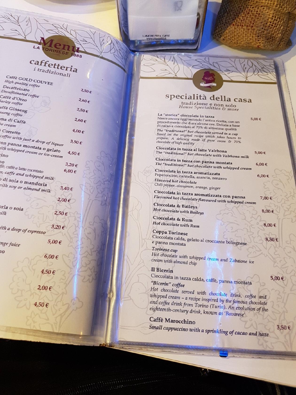 Menu at La Torinese 1888 restaurant, Bologna