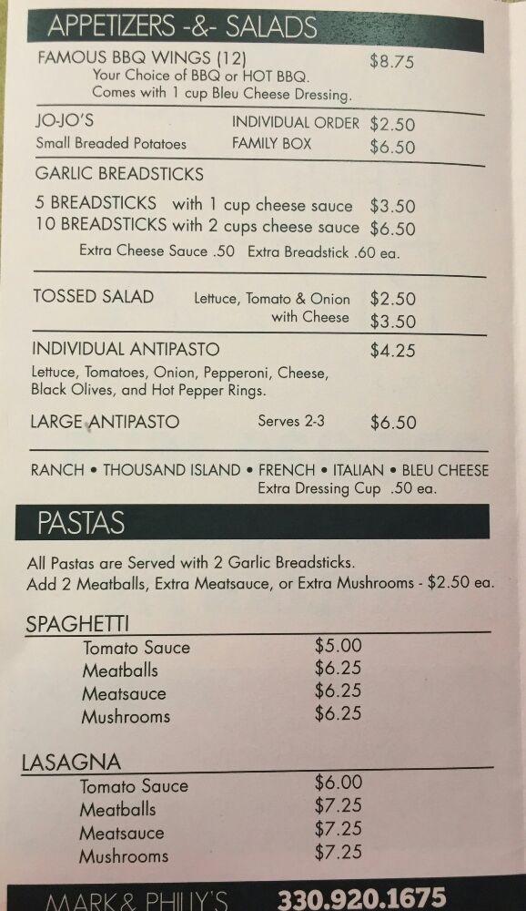 Menu at Mark & Philly's pizzeria, Cuyahoga Falls