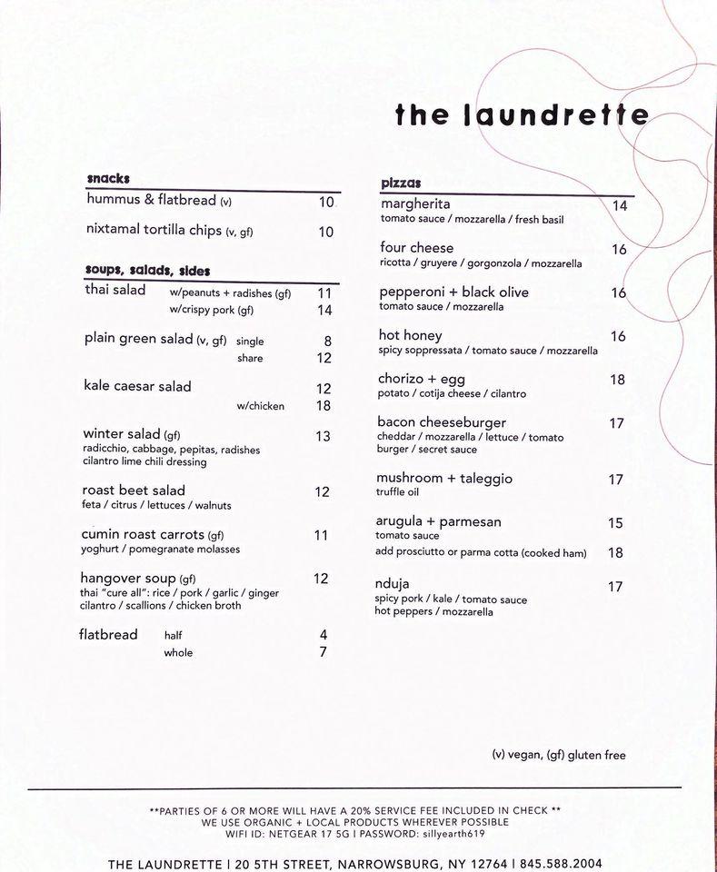Menu at The Laundrette pub & bar, Narrowsburg