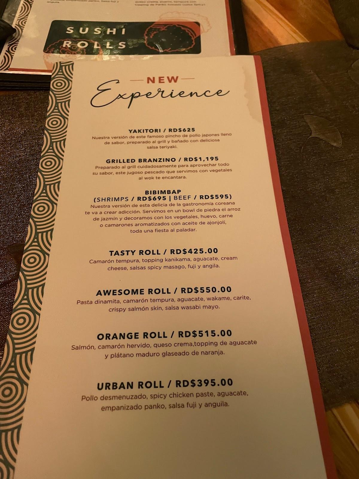 Menu at Zen Kitchen restaurant, Santo Domingo