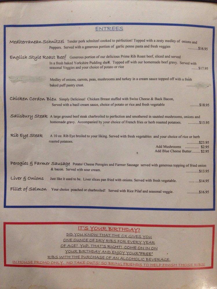 Menu at Blue Ox Pub, Lumby, Vernon St