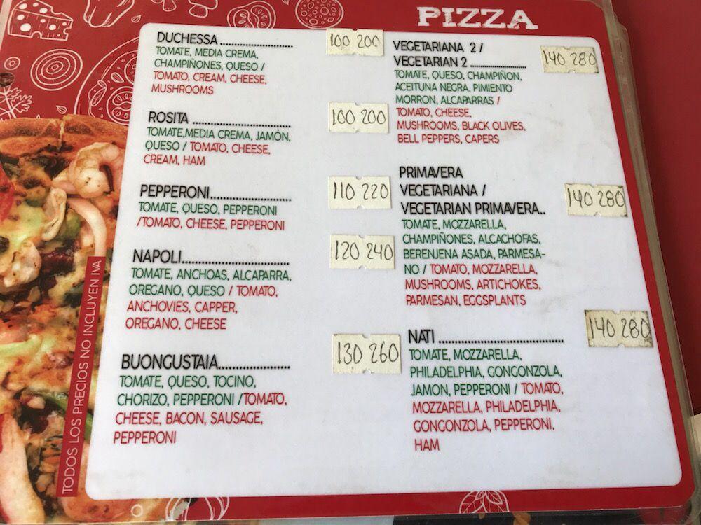 Menu at Luna Rossa restaurant, Puerto Escondido