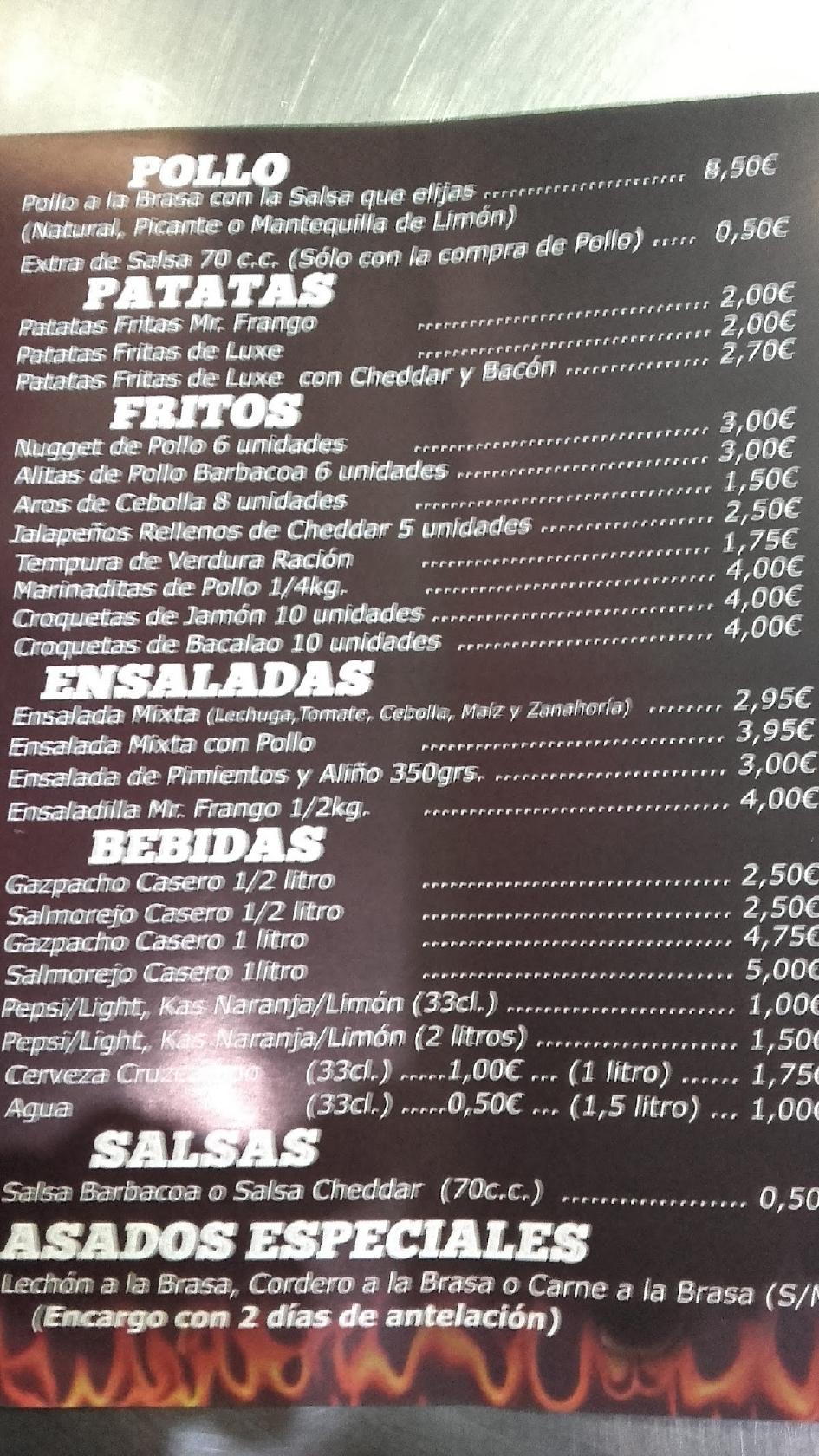 Menu at Mr. Frango restaurant, Seville, Ctra. de Carmona