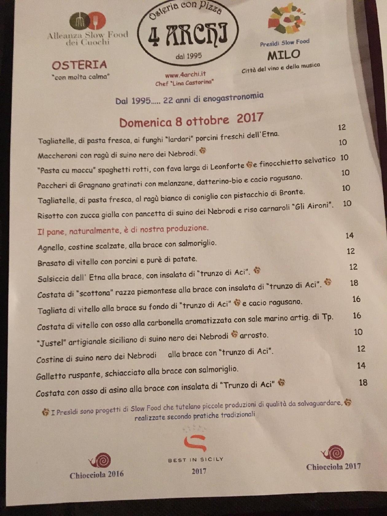 Menu at 4 archi restaurant, Milo