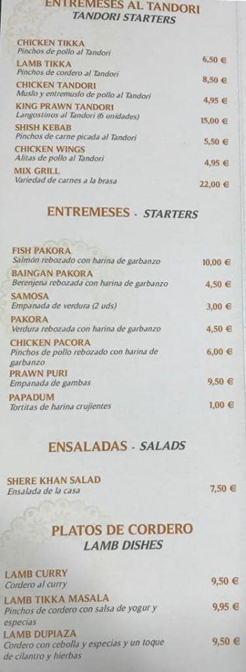 Menu at Restaurante Shere Khan, Moncada