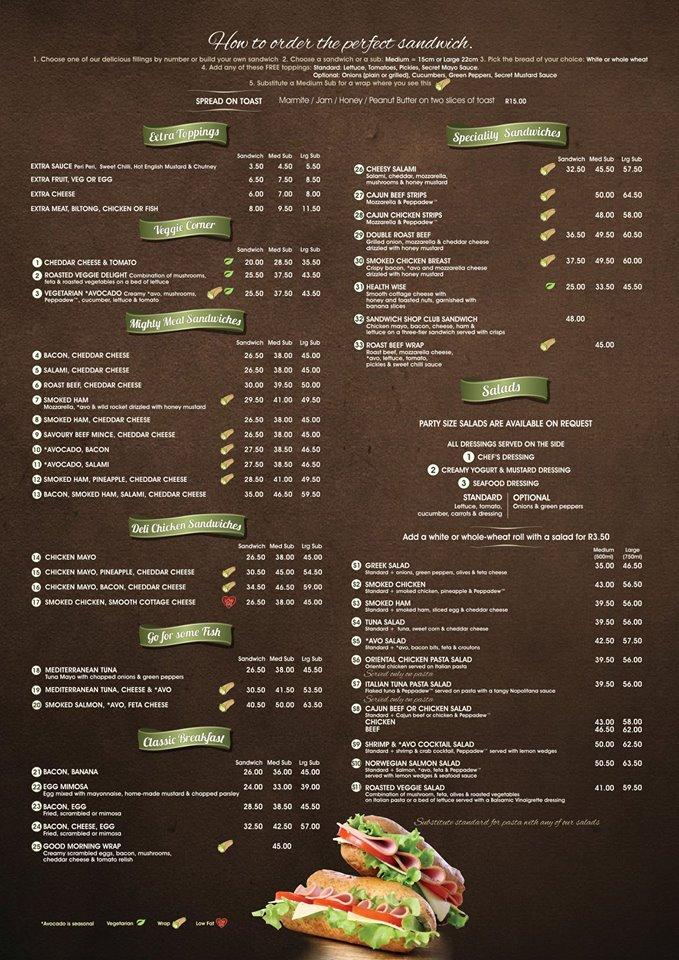 Menu at The Sandwich Shop, UFS Campus, Bloemfontein, Bloemfontein