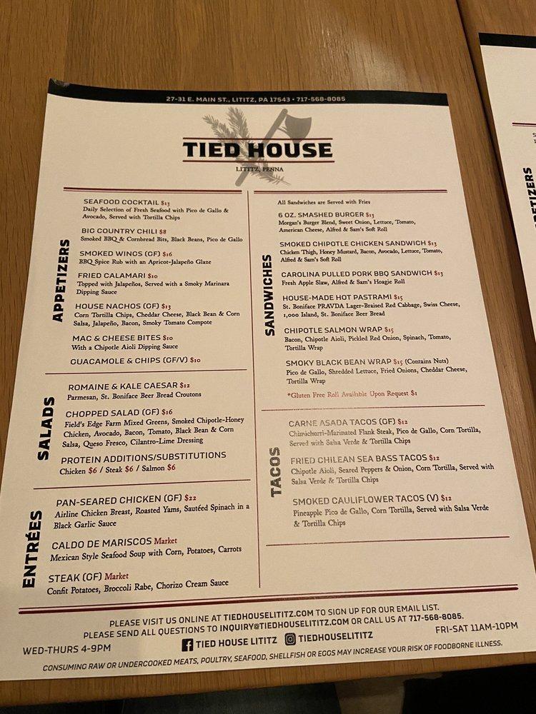 Menu at Tied House pub & bar, Lititz