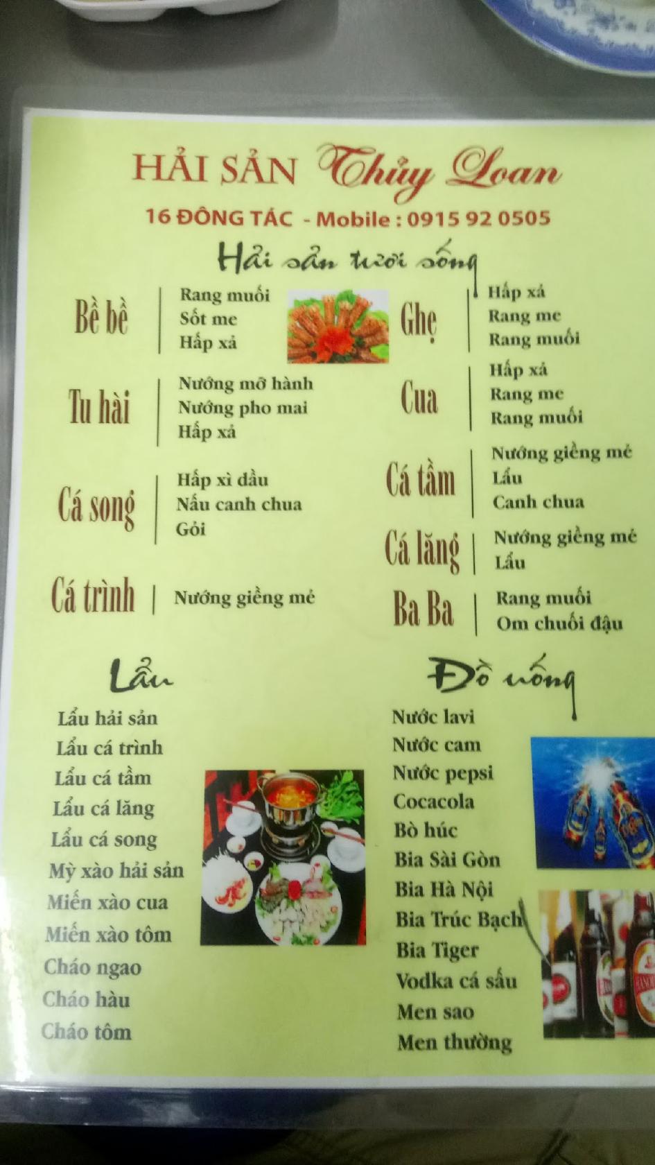 Menu at Cửa Hàng Hải Sản Thủy Loan restaurant, Hanoi