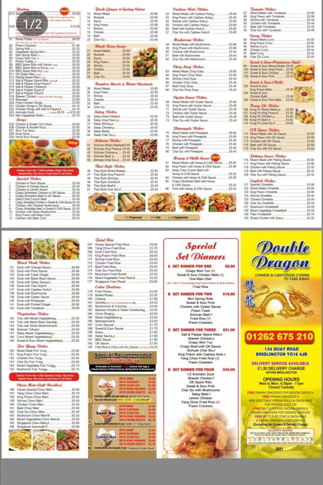 Menu at Double Dragon fast food, Bridlington
