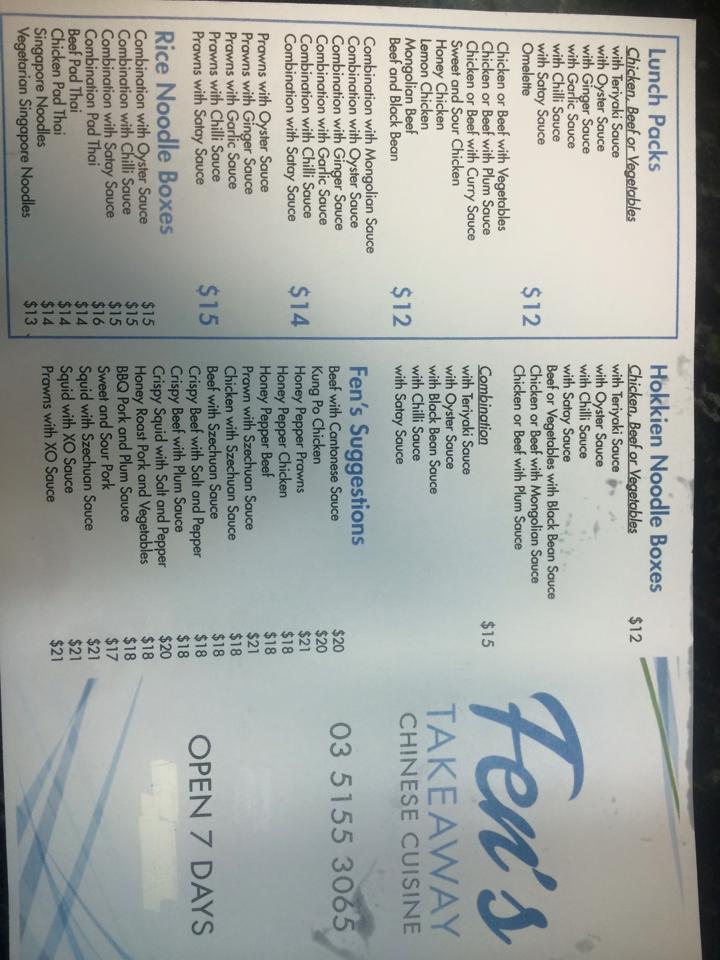 Menu at Fen's Takeaway fast food, Lakes Entrance