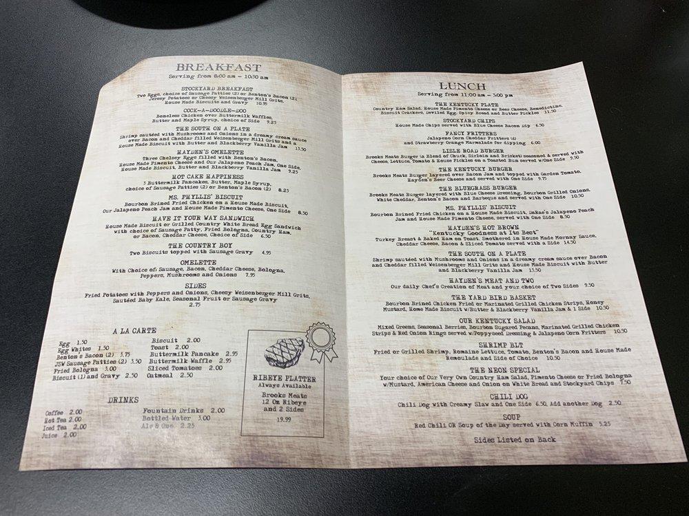 Menu at Hayden's Stockyard Eatery restaurant, Lexington