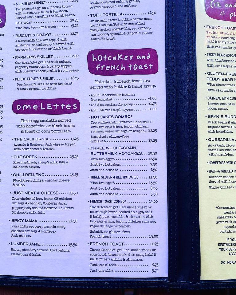 Menu at Old Town Cafe, Bellingham