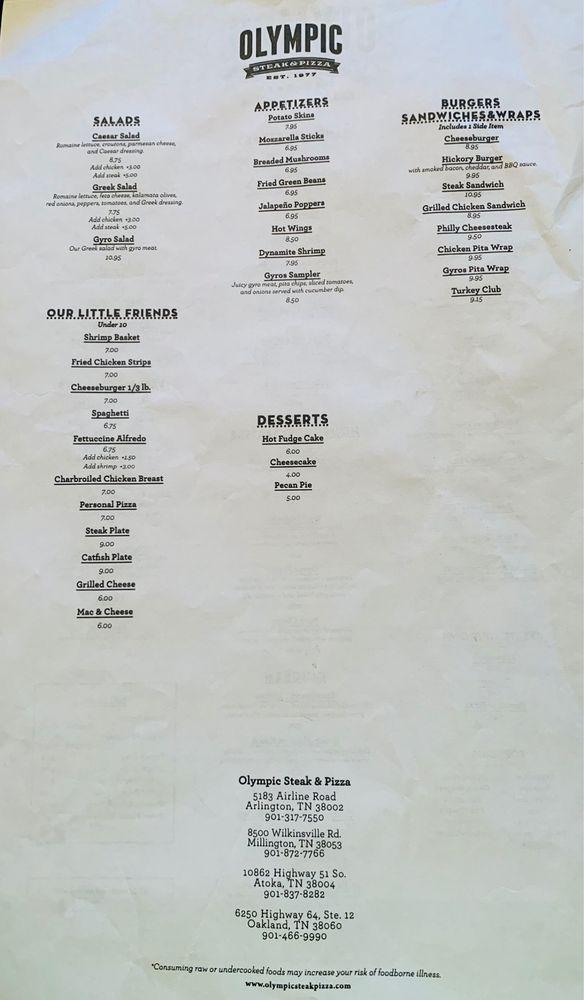 Menu at Olympic Steak & Pizza - Millington steakhouse, Millington ...