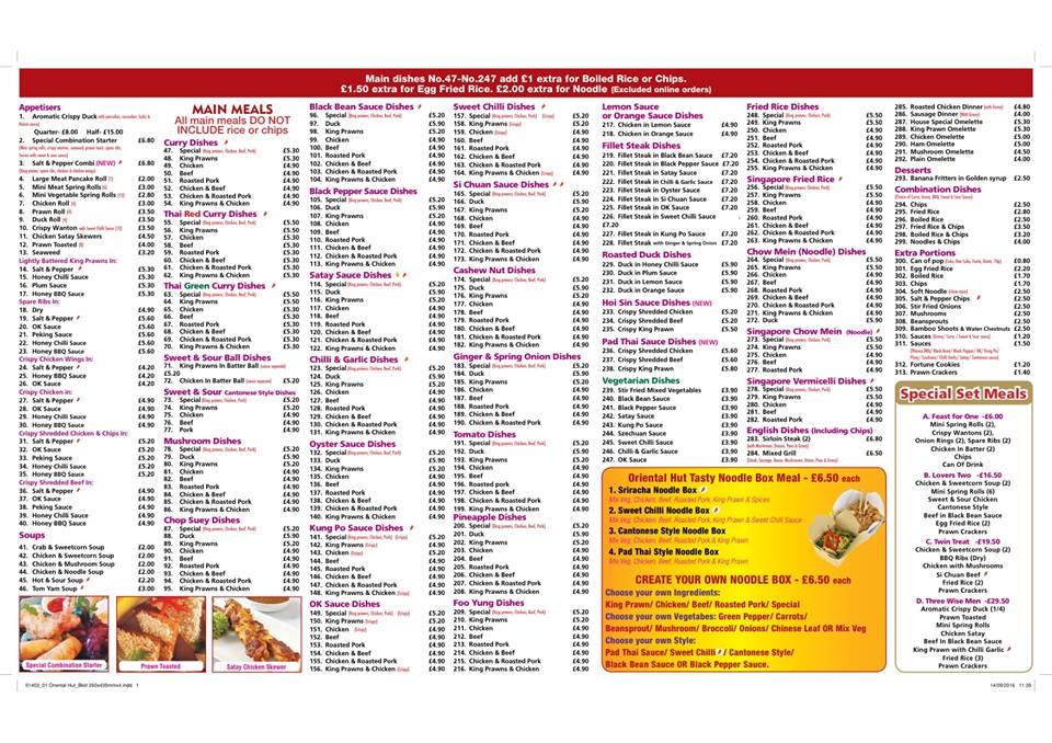 Menu at Oriental Hut fast food, Marple