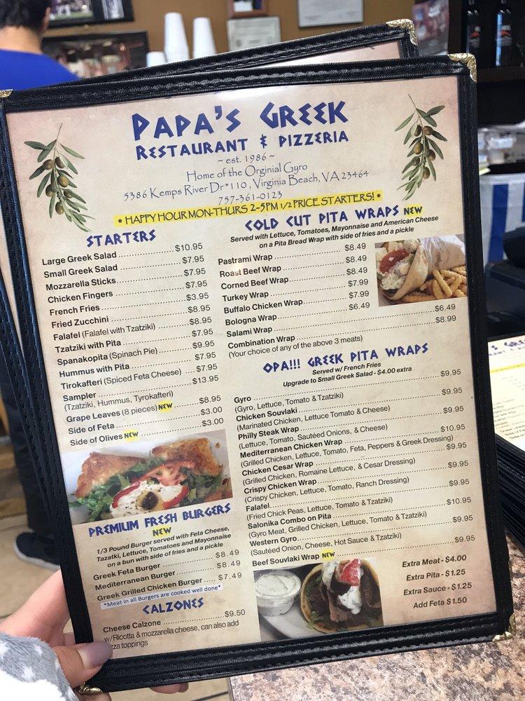 Menu at Papa's Greek family restaurant, Papas pizza, Virginia Beach